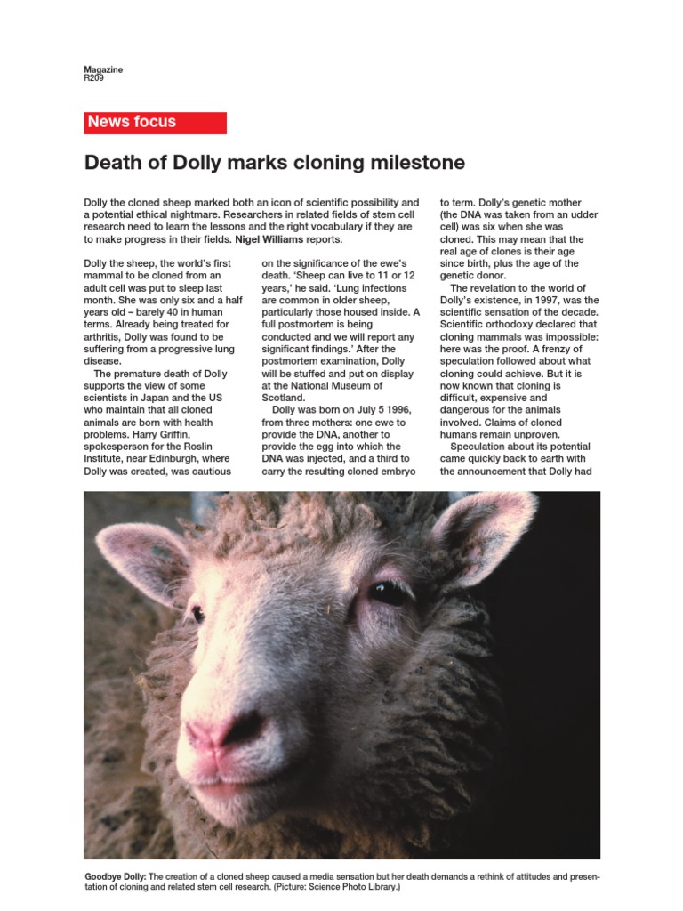 Death of Dolly Marks Cloning Milestone: News Focus | PDF | Cloning ...