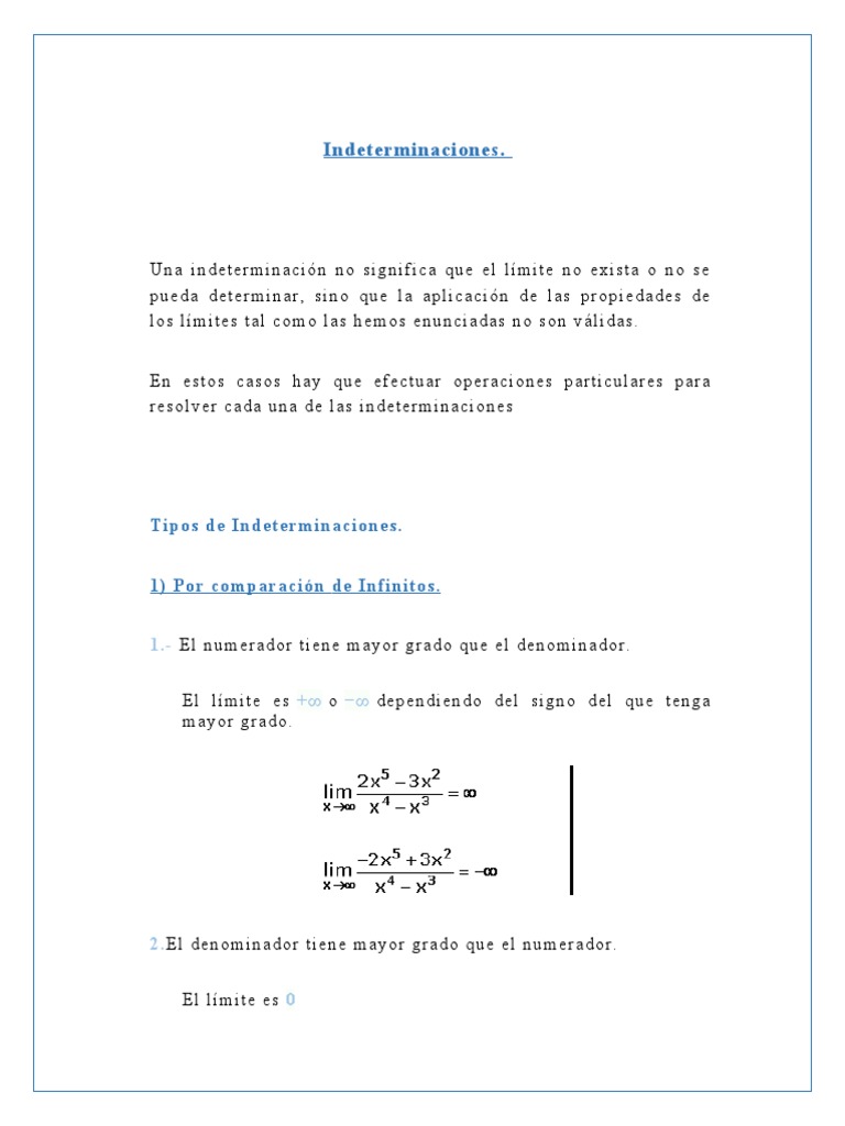 Tipos y Resolución de Indeterminaciones | PDF | Fracción (Matemáticas ...