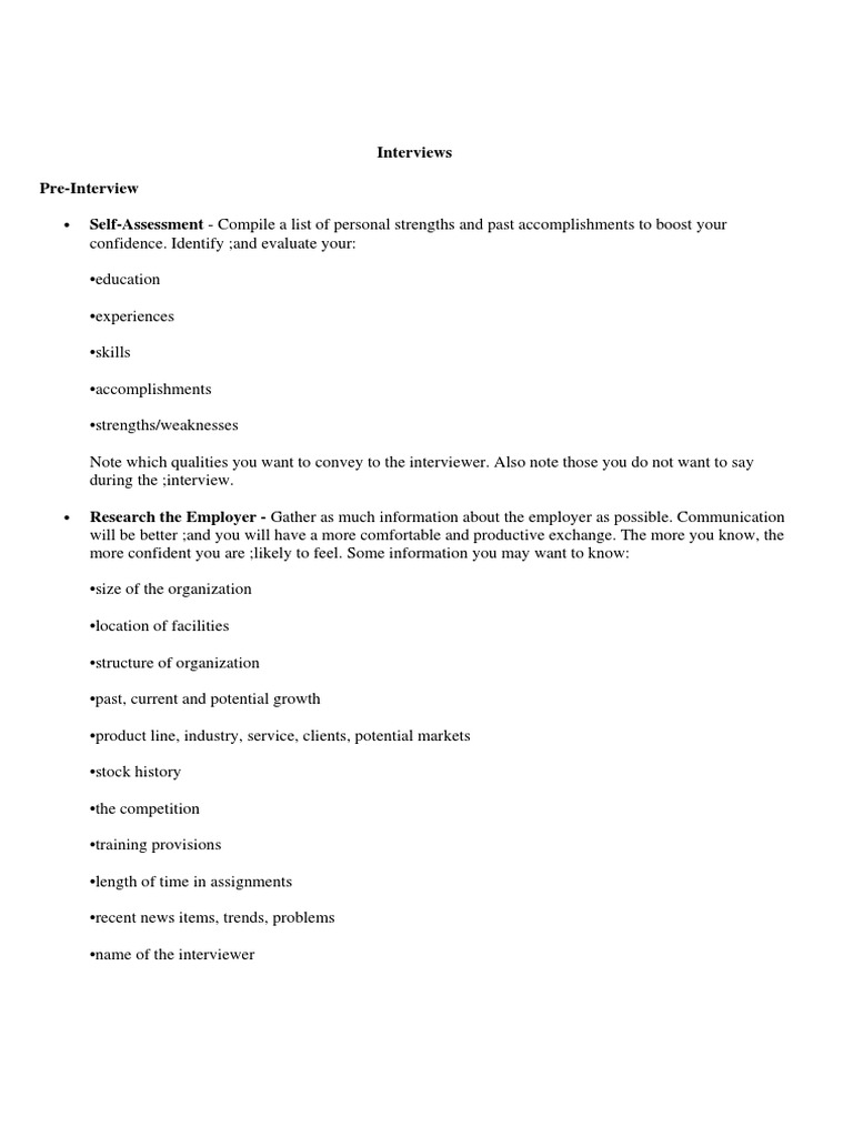 Interviews Pre-Interview Self-Assessment - Compile A List of Personal ...