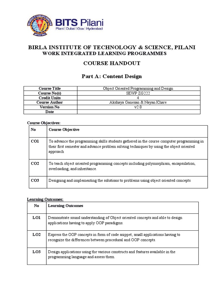 Birla Institute of Technology & Science, Pilani Course Handout Part A ...