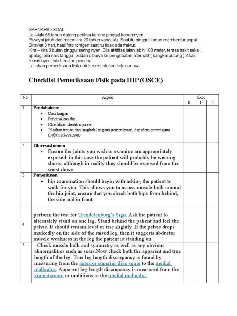 (OSCE) (Checklist) Hip Examination | PDF | Anatomical Terms Of Motion | Hip
