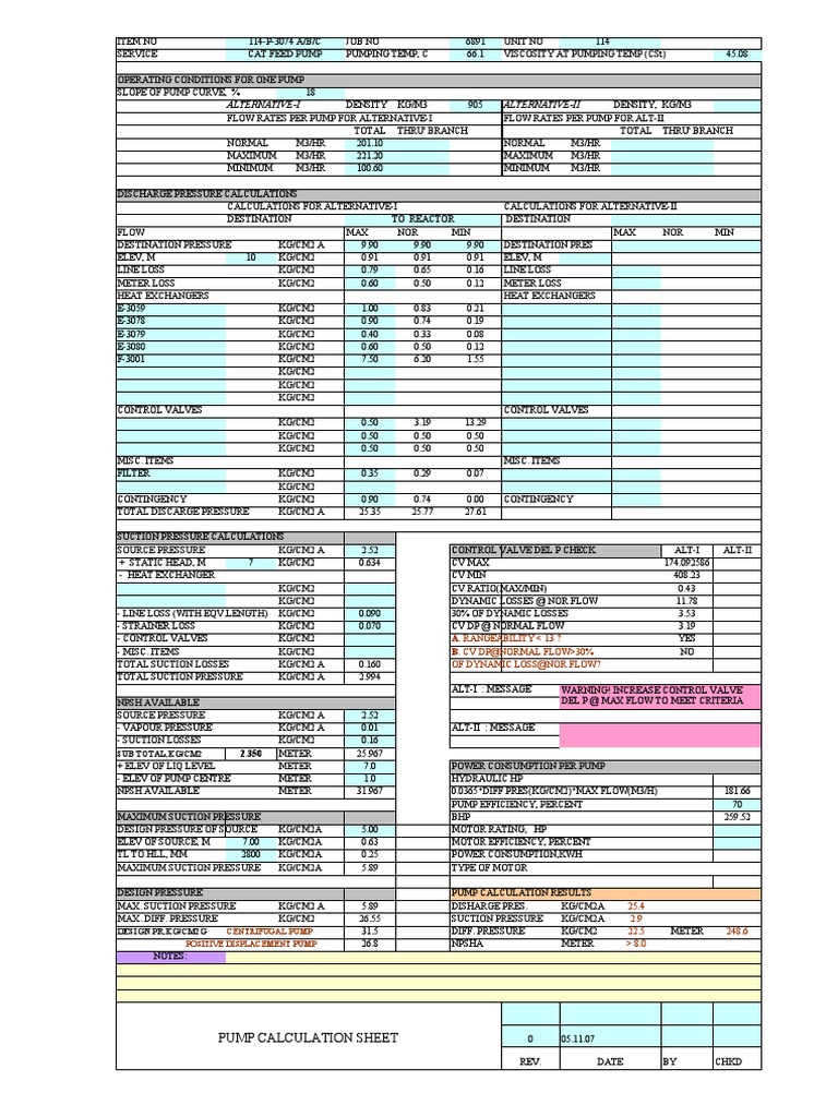 Alternative-I Alternative-Ii: Pump Calculation Sheet | PDF | Pump ...