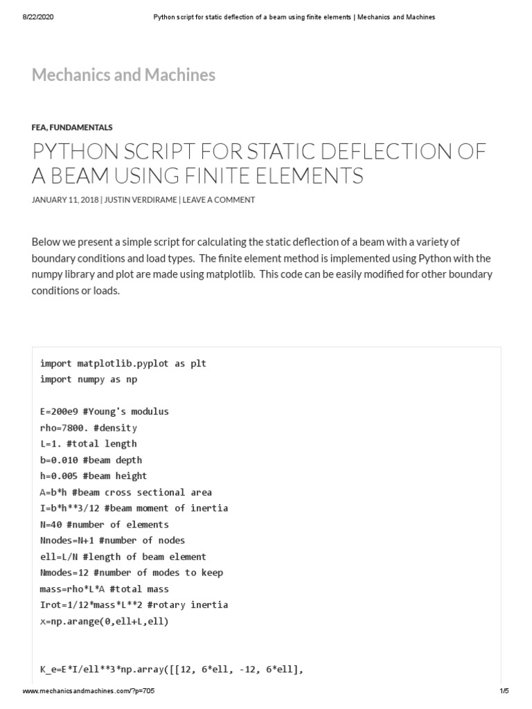Python Script For Static Deflection of A Beam Using Finite Elements ...