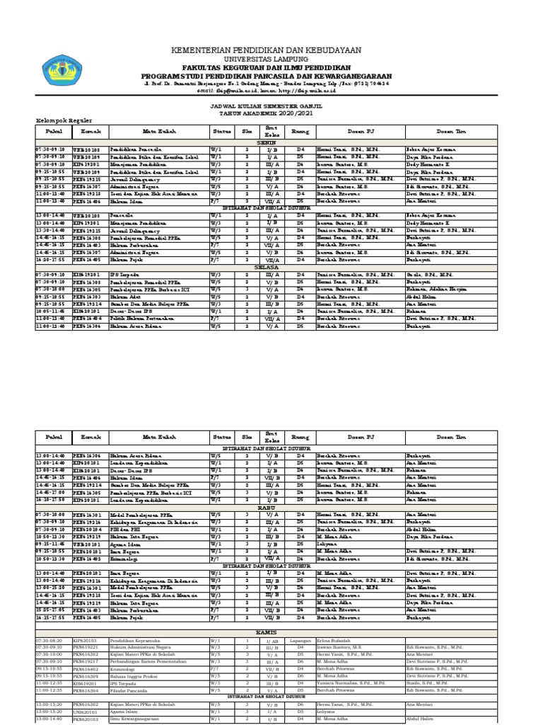 Contoh JADWAL SMT GANJIL 20-21 PS PPKN | PDF