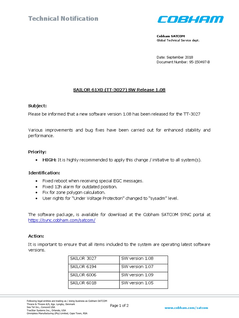 Technical Notification: SAILOR 61X0 (TT-3027) SW Release 1.08 | PDF