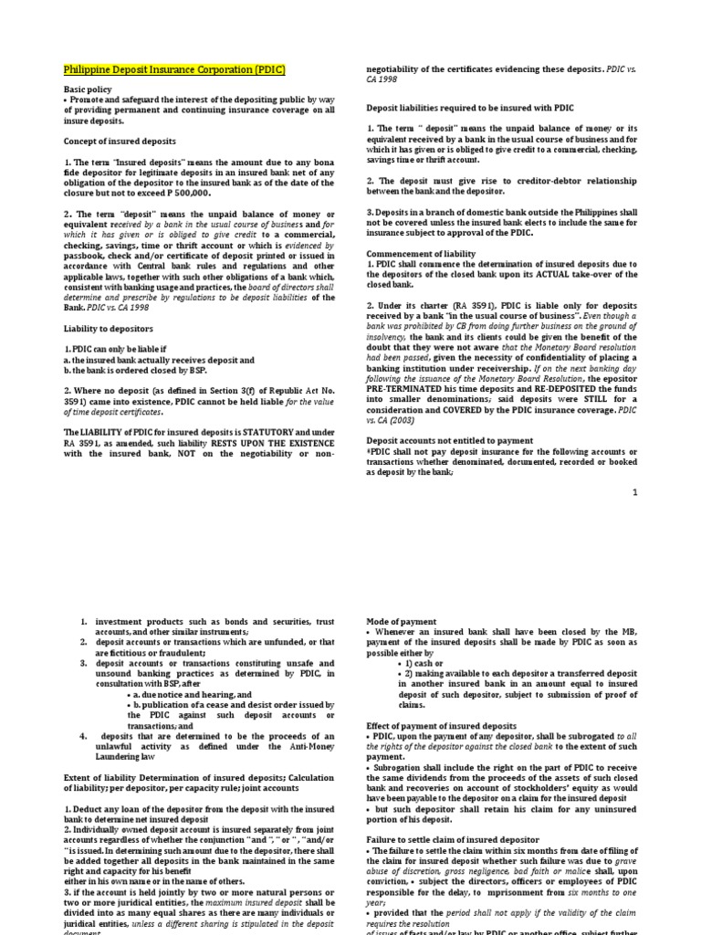 Philippine Deposit Insurance Corporation (PDIC) policies on insured ...