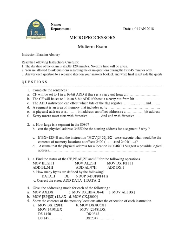 Microprocessors Midterm Exam | PDF | Assembly Language | Electronic Engineering