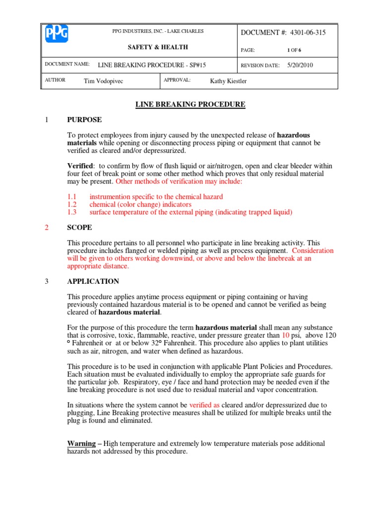 Line Breaking Procedure - Sp#15: 5/20/2010 Tim Vodopivec Kathy Kiestler ...