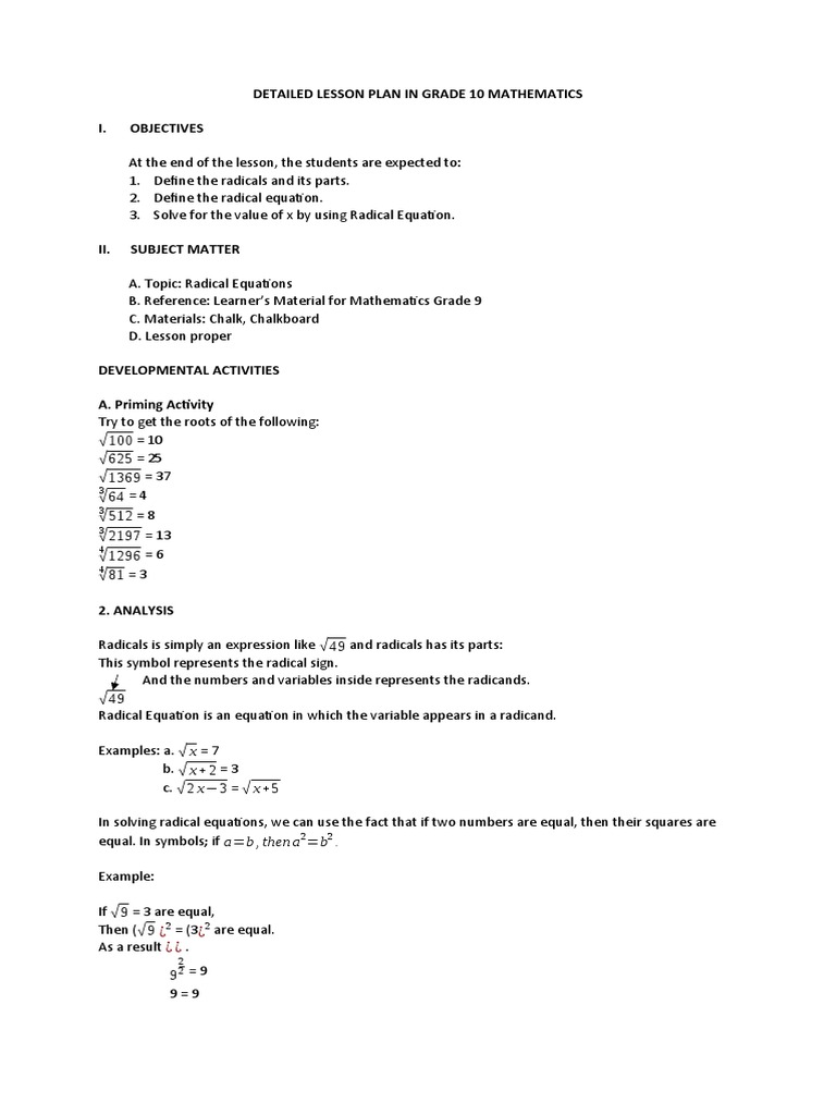 Lesson Plan On Equation of Radicals | PDF | Equations | Mathematical ...