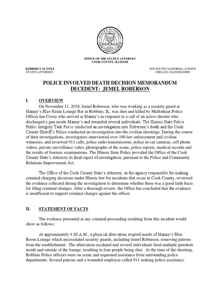 Jemel Roberson Declination Memo | PDF | Police | National Security