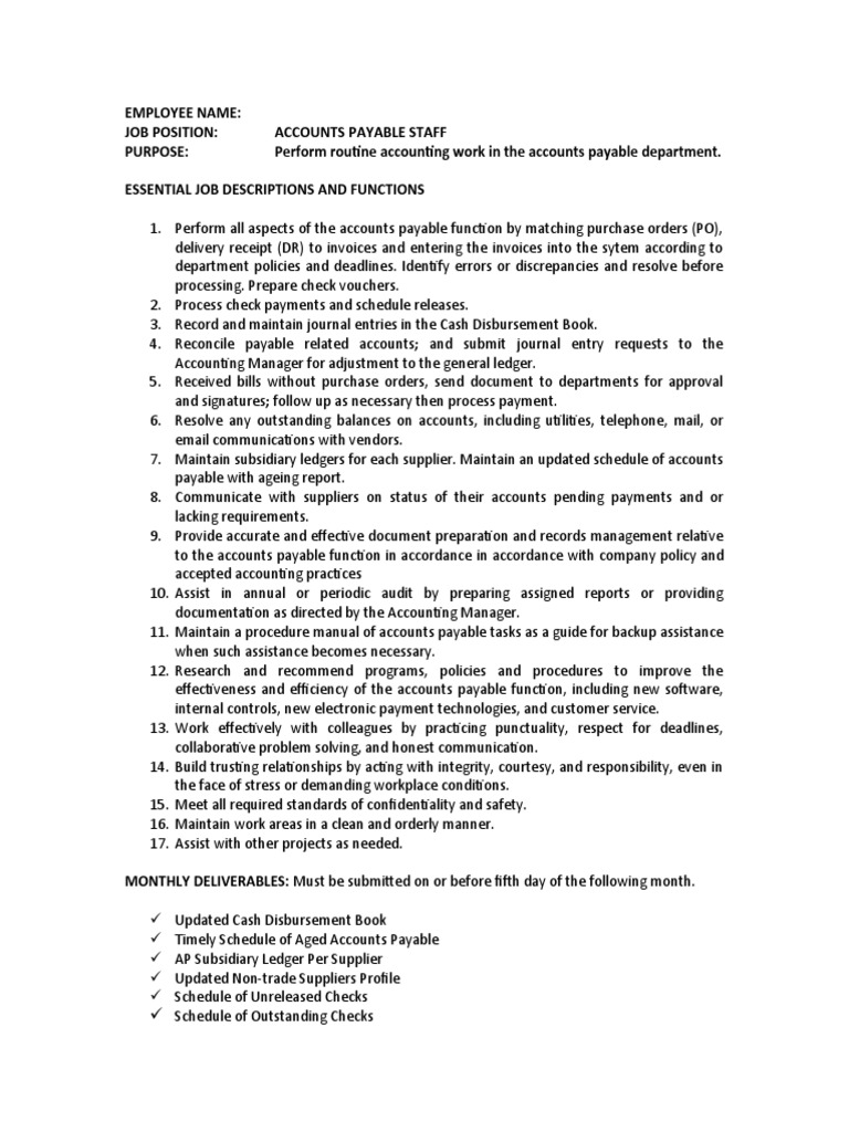 AP STAFF Job Description | Download Free PDF | Accounts Payable ...