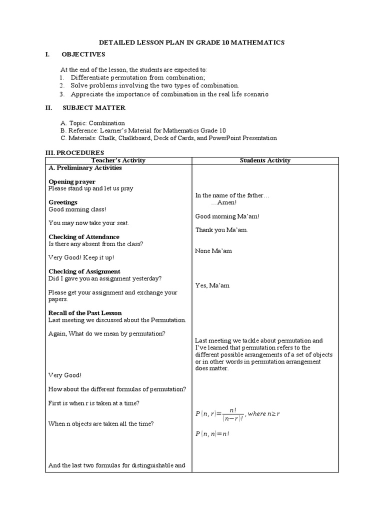Lesson Plan For Final Demo | PDF | Permutation | Lesson Plan