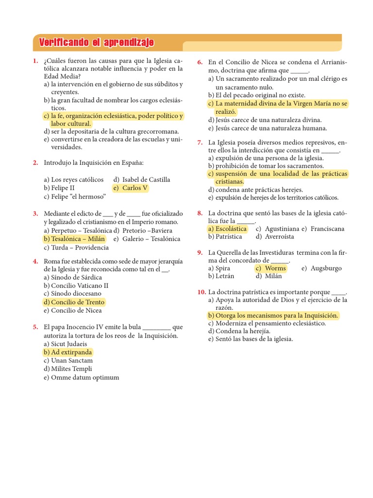 Verificando el aprendizaje sobre la influencia de la Iglesia Católica ...