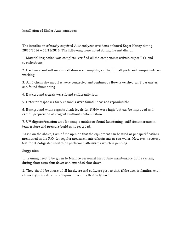 Installation of Skalar Auto Analyzer | PDF