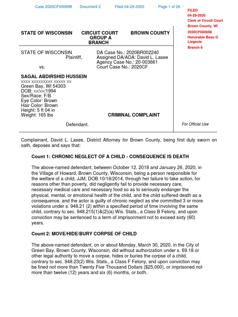 Sagal Hussein Criminal Complaint | PDF | Wisconsin Circuit Courts ...