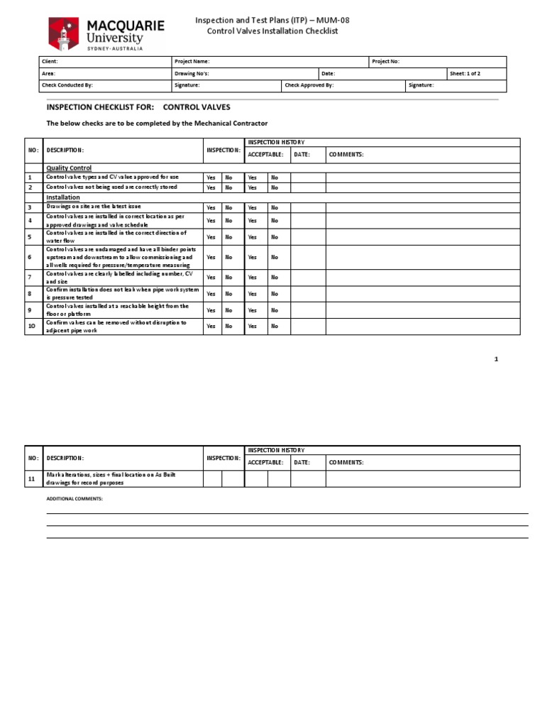 Inspection Checklist For: Control Valves | PDF | Valve | Gas Technologies