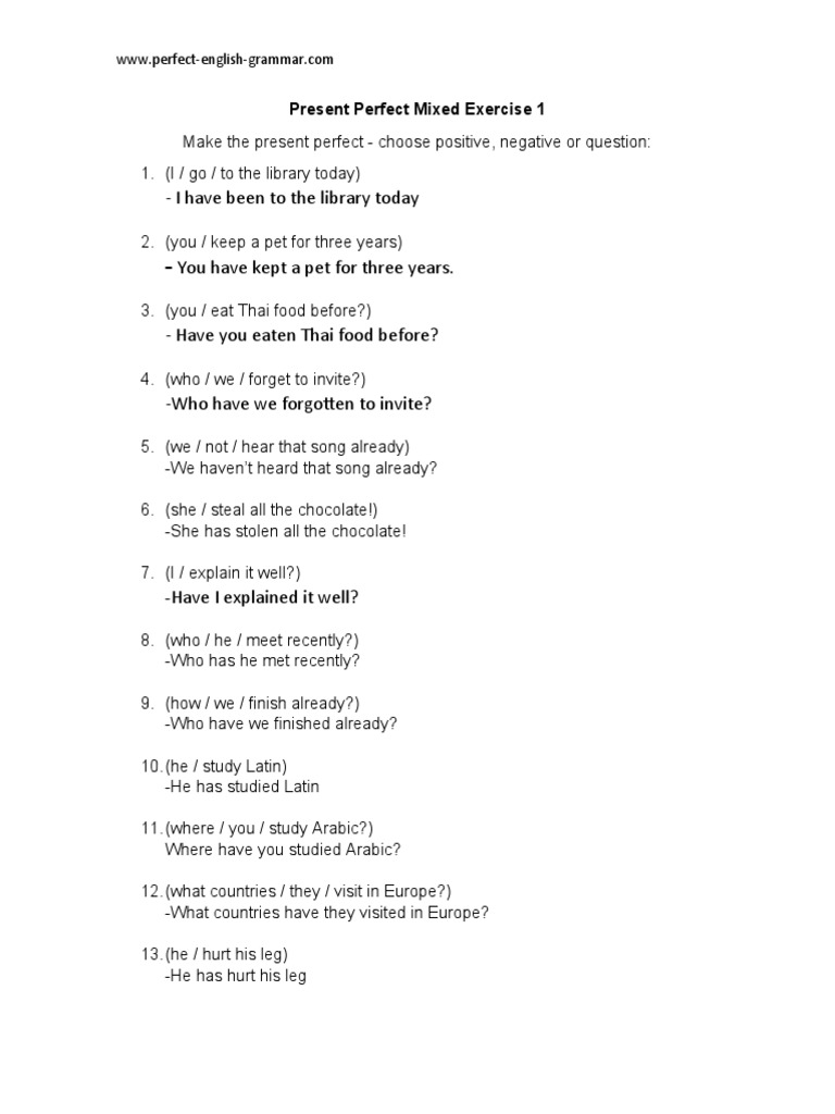 I Have Been To The Library Today: Present Perfect Mixed Exercise 1 | PDF | Foods