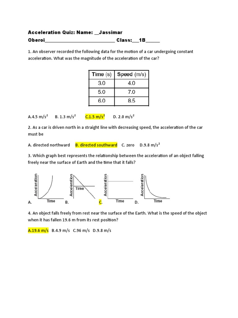 Acceleration Quiz | PDF | Acceleration | Quantity