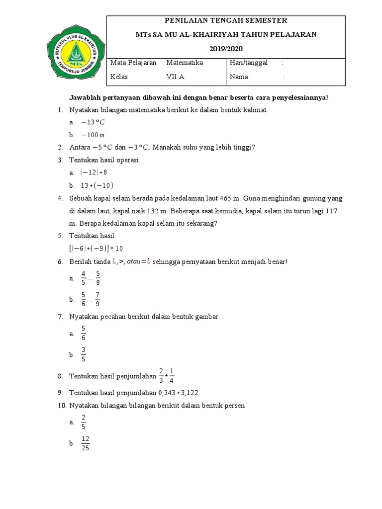 PENILAIAN TENGAH SEMESTER MTK Kelas 7a | PDF