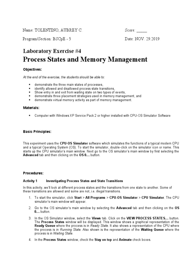 Process States and Memory Management: Laboratory Exercise #4 | Download ...