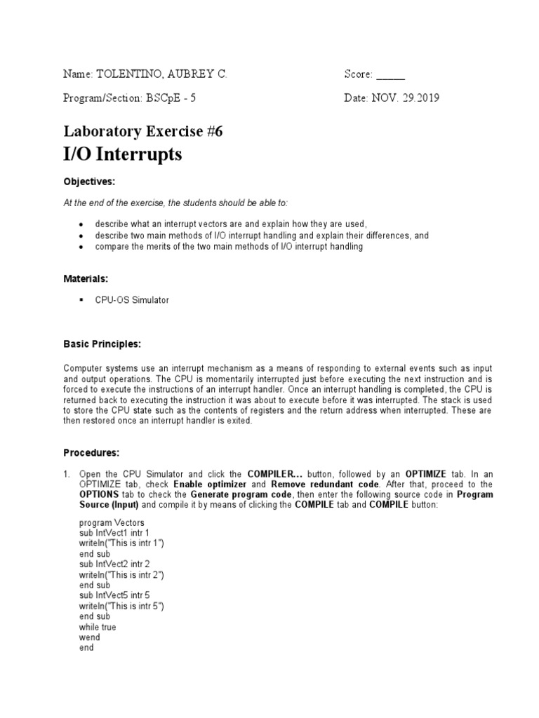 I/O Interrupts: Laboratory Exercise #6 | PDF | Control Flow | Computer Program
