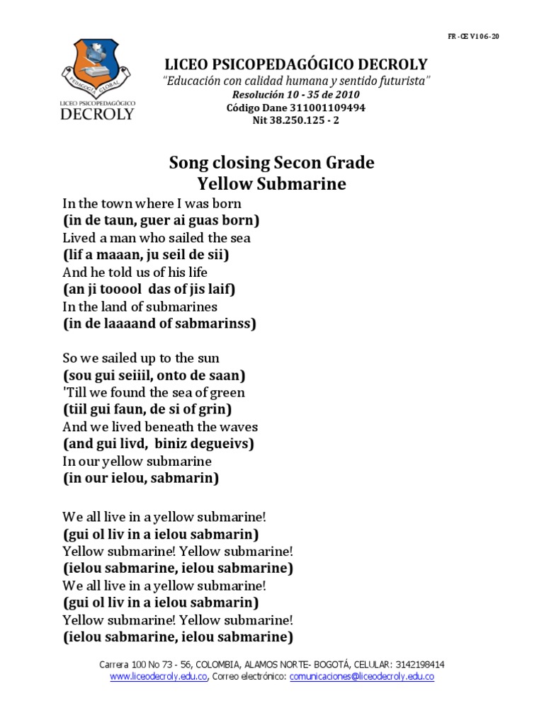 Yellow Submarine Lyrics for Students | PDF | Foreign Language Studies | Art
