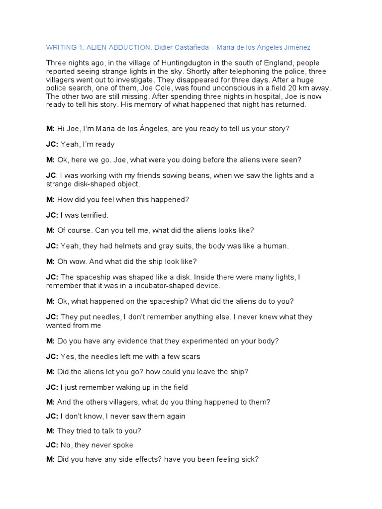 WRITING 1: ALIEN ABDUCTION. Didier Castañeda - Maria de Los Ángeles ...