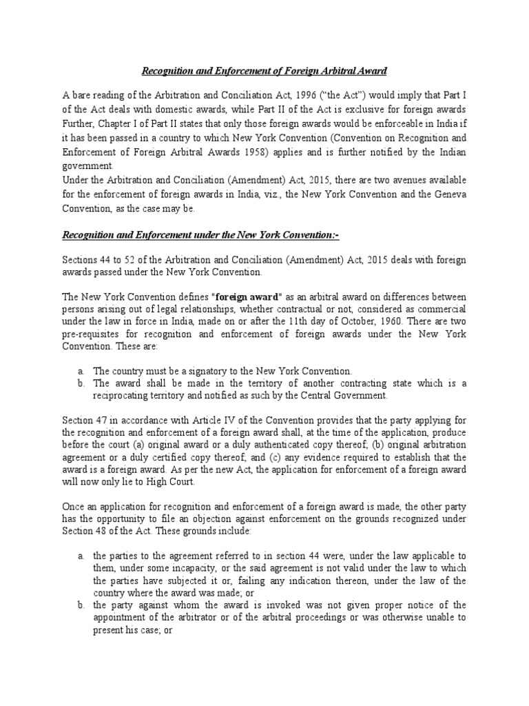 International Commercial Law: Recognition and Enforcement of Foreign Arbitral Award | PDF ...