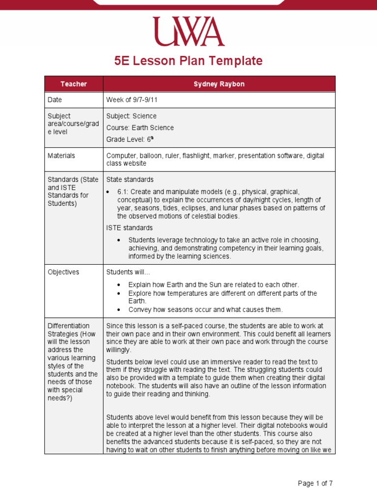 5E Lesson Plan Template: Teacher Sydney Raybon | PDF | Science ...