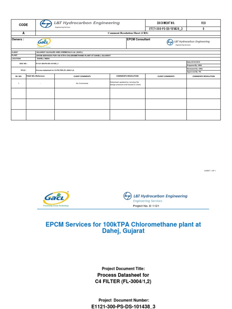 Comment Resolution Sheet (CRS) : Document No. REV E1121-300-PS-DS ...
