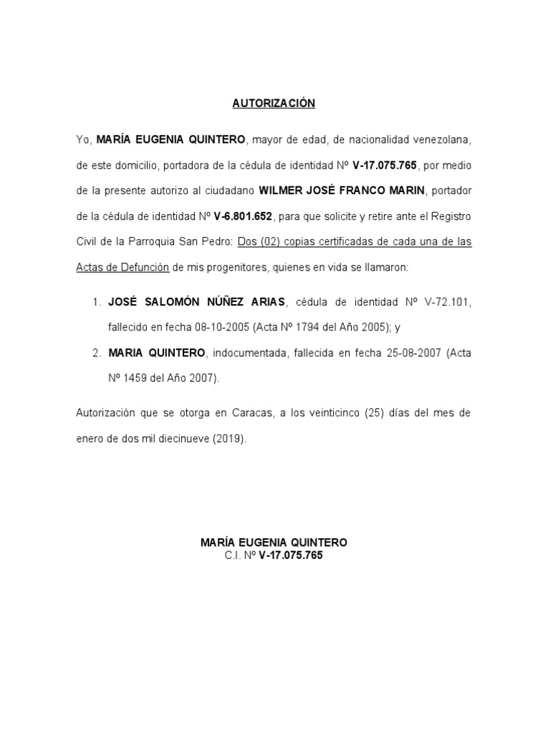 Modelo de Autorización Trámite Registro Civil | PDF