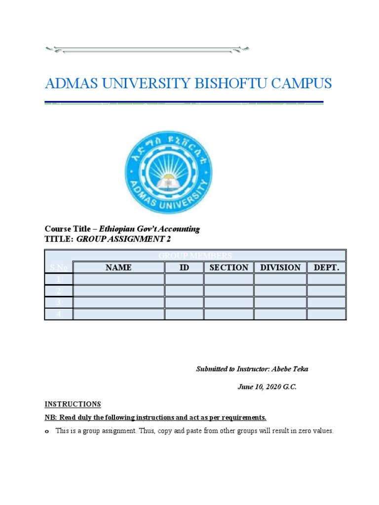 Admas University Bishoftu Campus: Course Title - Title: Group Assignment 2 Name ID Section ...