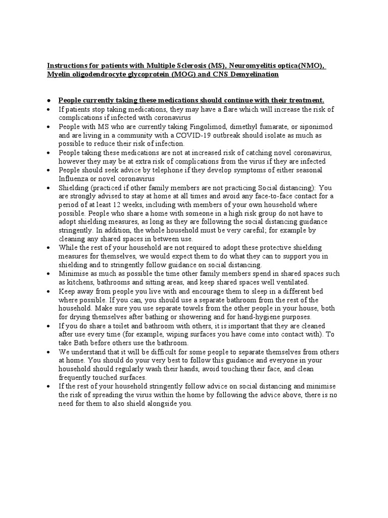 Instructions For Patients With Multiple Sclerosis (MS), Neuromyelitis Optica (NMO), Myelin ...