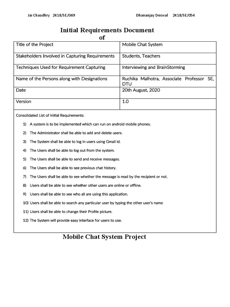 Mobile Chat System Initial Requirements Document | PDF