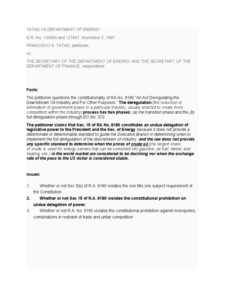 Tatad Vs Department of Energy G.R. No. 124360 and 127867. November 5 ...