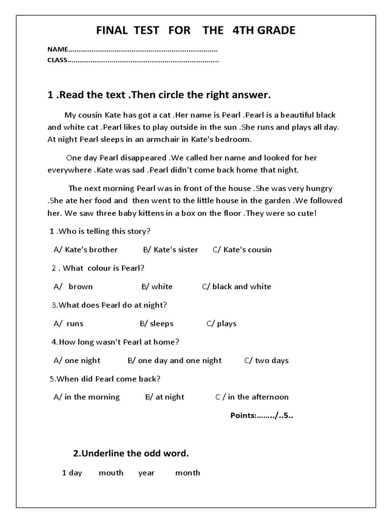Final Test For The 4th Grade Tests - 50155 | PDF