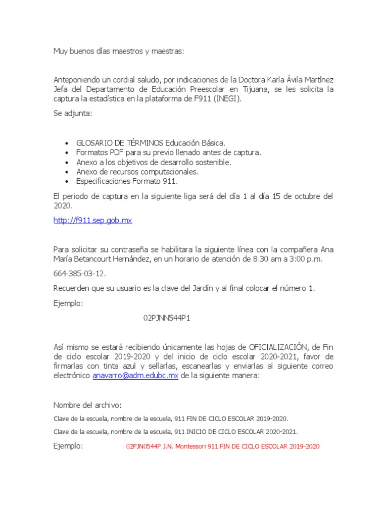 Especificaciones FORMATO 911 2 | PDF | Educación de la primera infancia ...