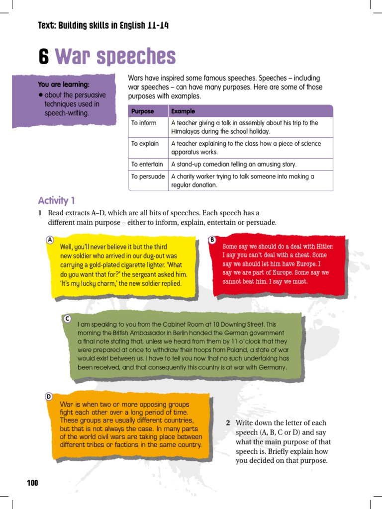 War Speeches: Activity 1 | PDF | Verb | Unrest