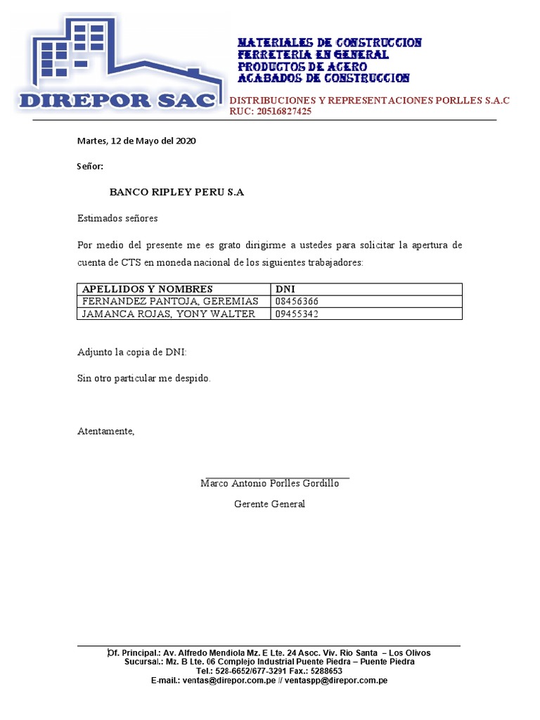Carta de Apertura de Cuenta CTS | PDF