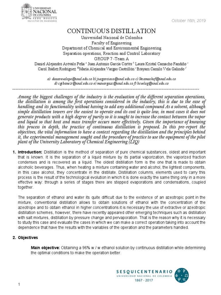Continuous Distillation Pre-Report | PDF | Distillation | Ethanol