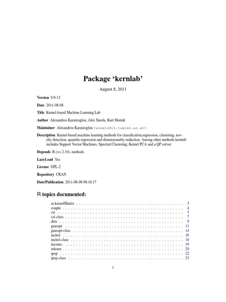 Package Kernlab': R Topics Documented | PDF | Function (Mathematics) | Matrix (Mathematics)