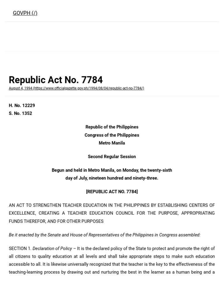 Republic Act No. 7784 - Teacher Education Council | PDF | Teacher ...
