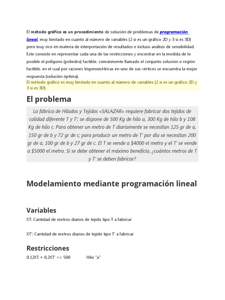 Análisis y resolución de un problema de programación lineal mediante el método gráfico | PDF ...