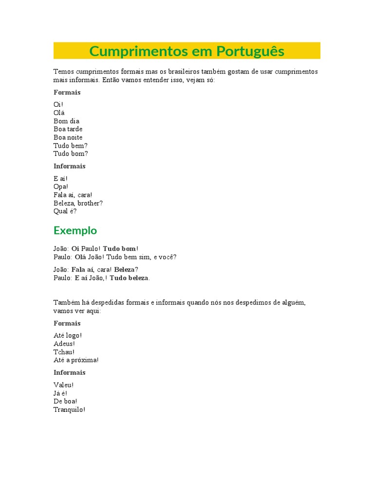 Cumprimentos e Despedidas em Português | PDF | Artes Linguísticas e ...