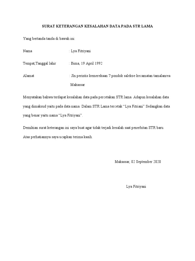 Surat Keterangan Kesalahan Data Pada STR Lama | PDF