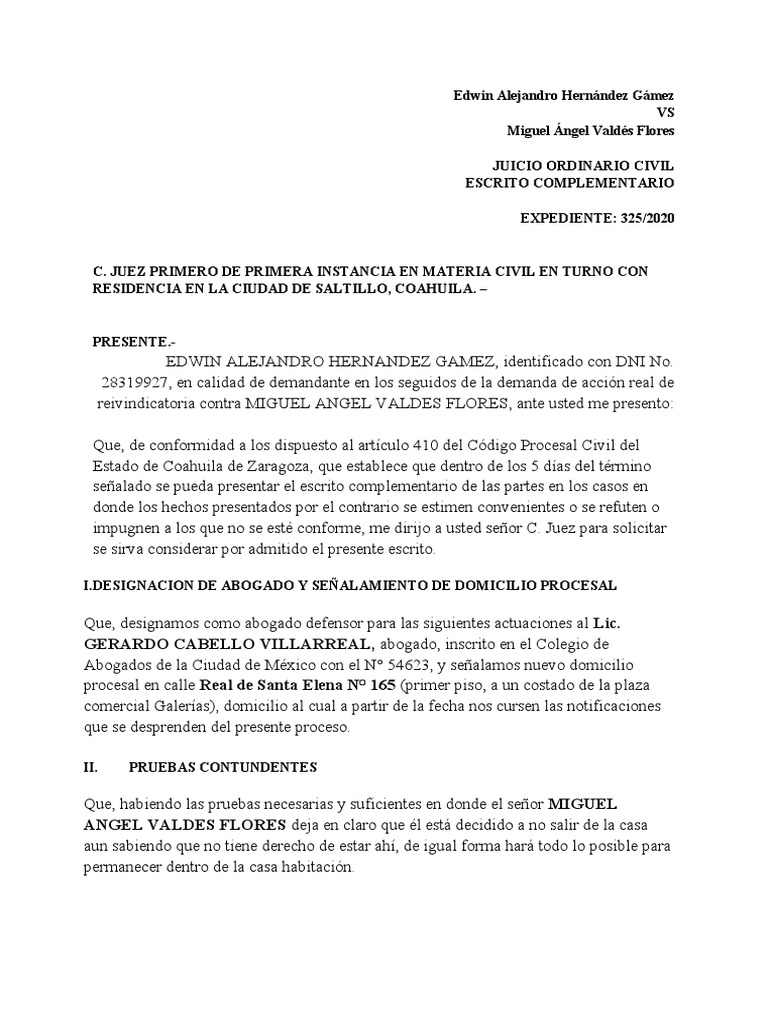 Escrito Complementario | PDF | Demanda judicial | Virtud