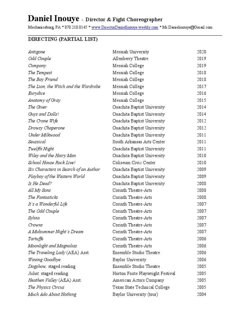Daniel Inouye Director Resume 10 2 20 | PDF | Performing Arts ...
