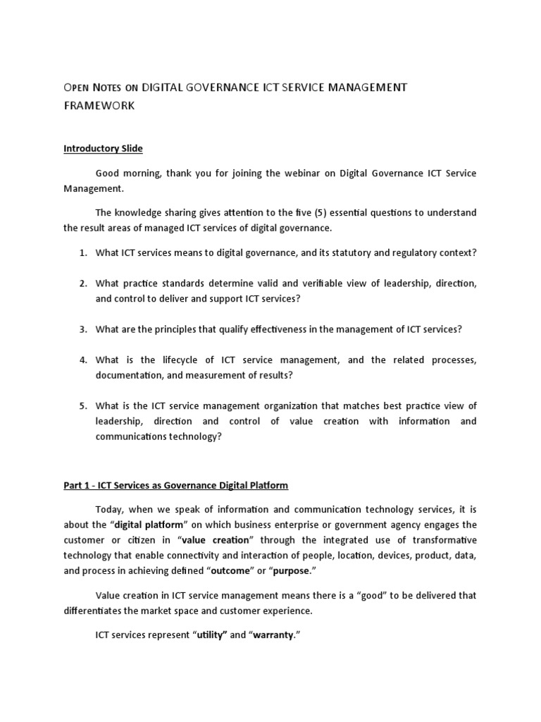 O N Digital Governance Ict Service Management Framework: Introductory ...