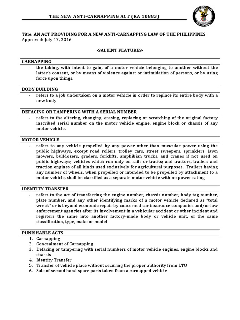 The New Anti-Carnapping Act (Ra 10883) | PDF | Vehicles | Carjacking