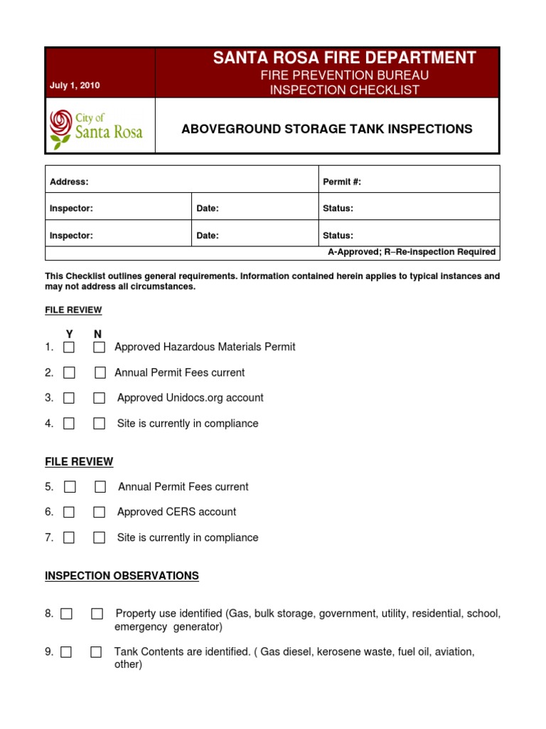 Aboveground Storage Tank Inspection Checklist | PDF | Leak | Mechanical ...